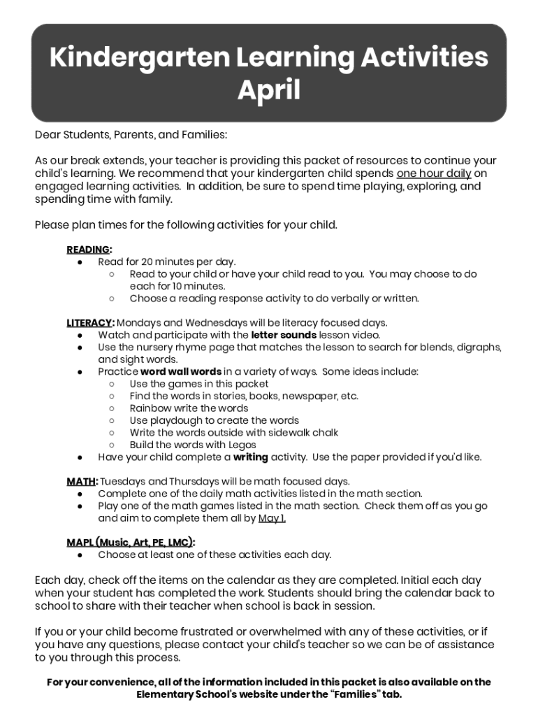 Fillable Online Kindergarten Learning Activities April Fax Email Print ...