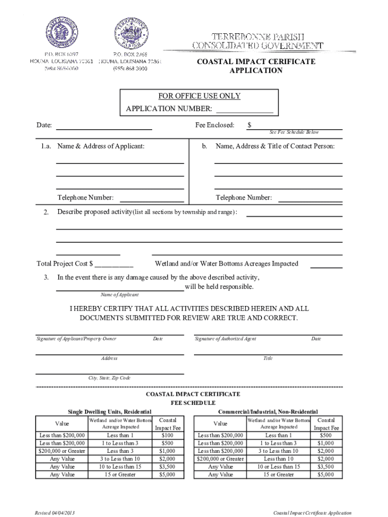 Fillable Online Coastal Impact Certificate Application.xls Fax Email ...