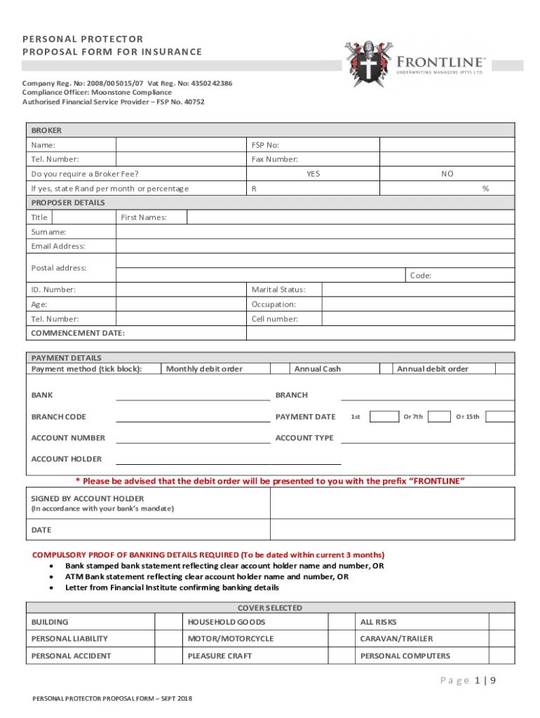 Fillable Online personal protector proposal form for insurance Fax ...