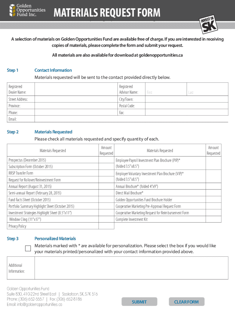 Fillable Online MATERIALS REQUEST FORM Fax Email Print - pdfFiller