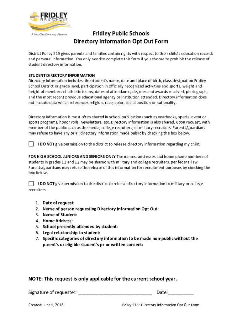 Fillable Online Fridley Public Schools Directory Information Opt Out Form Fax Email Print ...