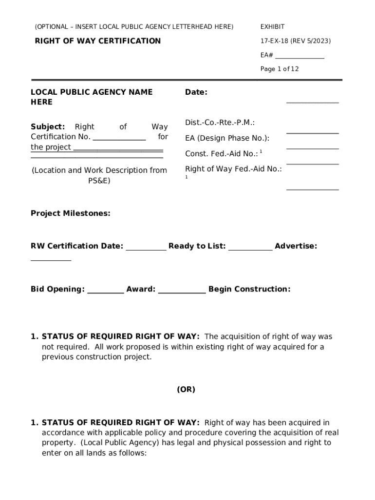 Short Right of Way Certification Local Assistance Project - dot ca Doc Template | pdfFiller