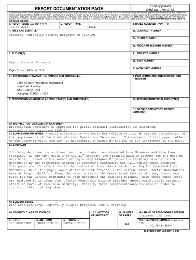 Fillable Online Training Regionally Aligned Brigades in USPACOM. U.S ...