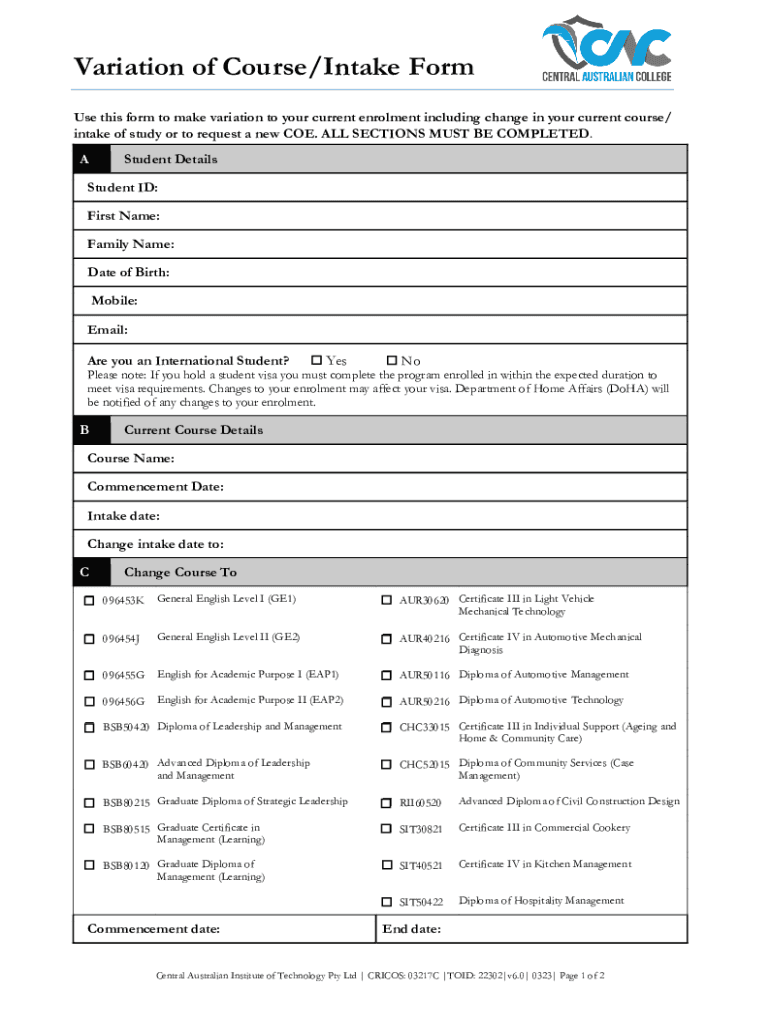 Fillable Online Variation of Course/Intake Form Fax Email Print - pdfFiller