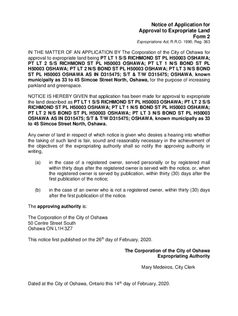 Fillable Online Notice of Application for Approval to Expropriate Land ...
