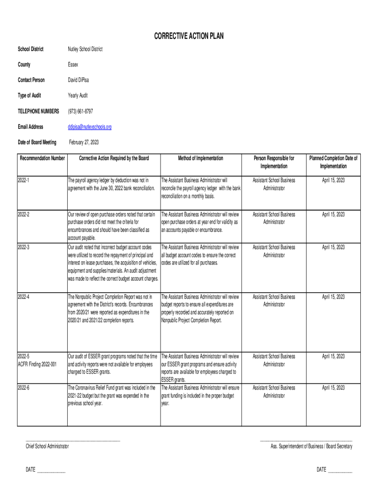 Fillable Online boe nutleyschools Appendix D - Corrective Action Plan Fax Email Print - pdfFiller