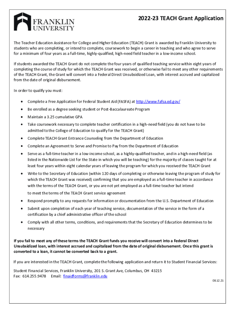 Fillable Online 2022-23 TEACH Grant Application Fax Email Print - pdfFiller