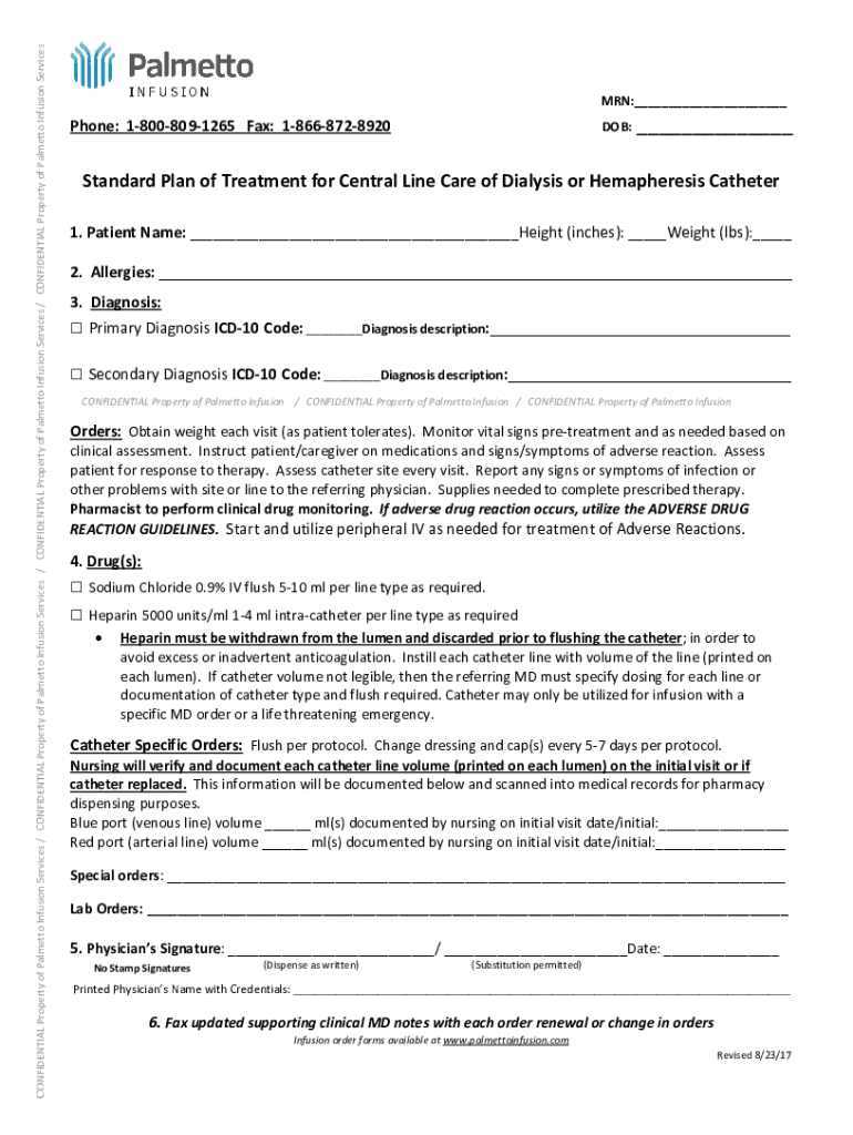 Fillable Online Line Care for Dialysis or Hemapheresis Catheter Plan of Treatment Fax Email ...