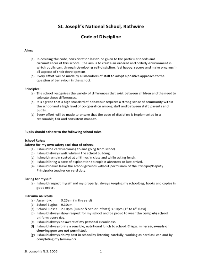 Fillable Online St. Joseph's National School, Rathwire Code of ...