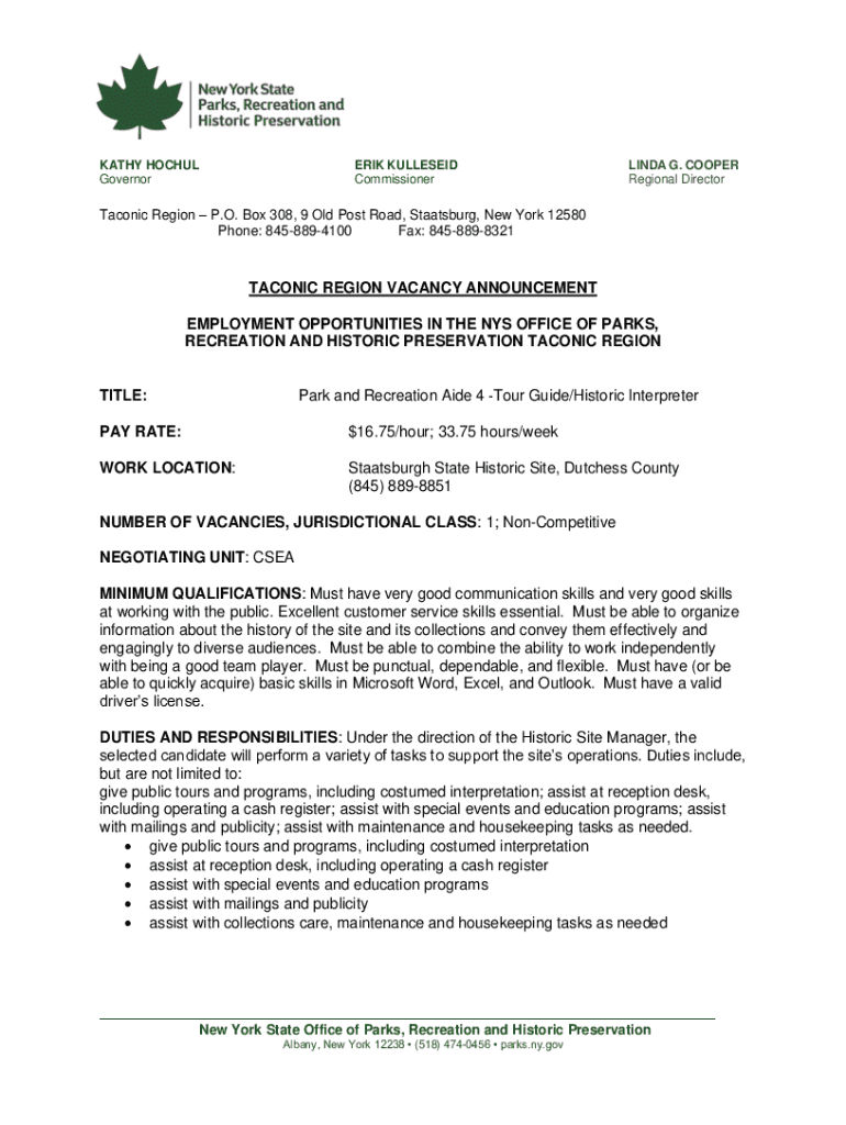 Fillable Online Park and Recreation Aide 4 -Tour Guide/Historic ...