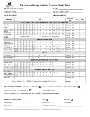Fillable Online The Heights School Uniform Price List/Order Form Fax ...