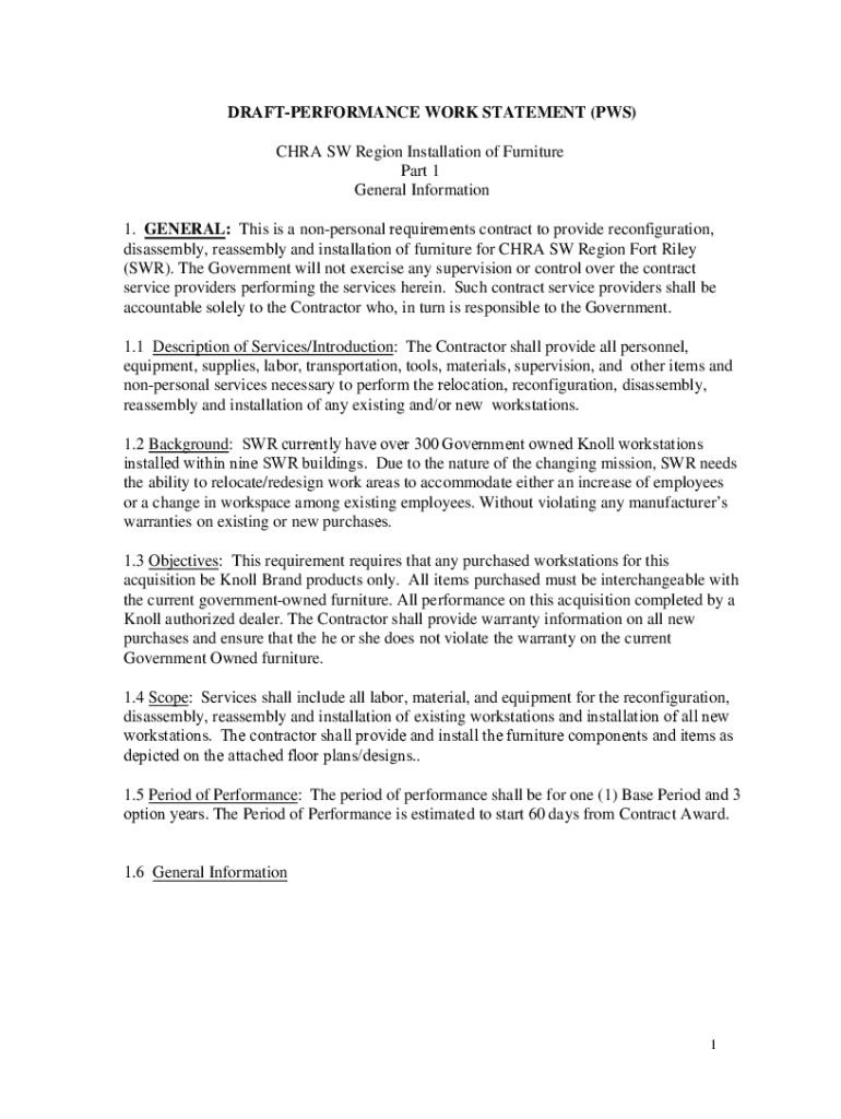 Fillable Online DRAFT-PERFORMANCE WORK STATEMENT (PWS) CHRA SW ... Fax ...