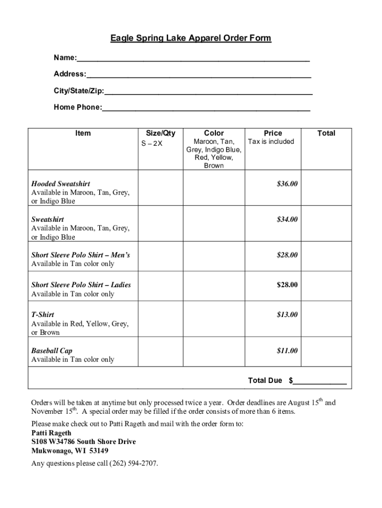 Fillable Online Eagle Spring Lake Apparel Order Form Fax Email Print ...