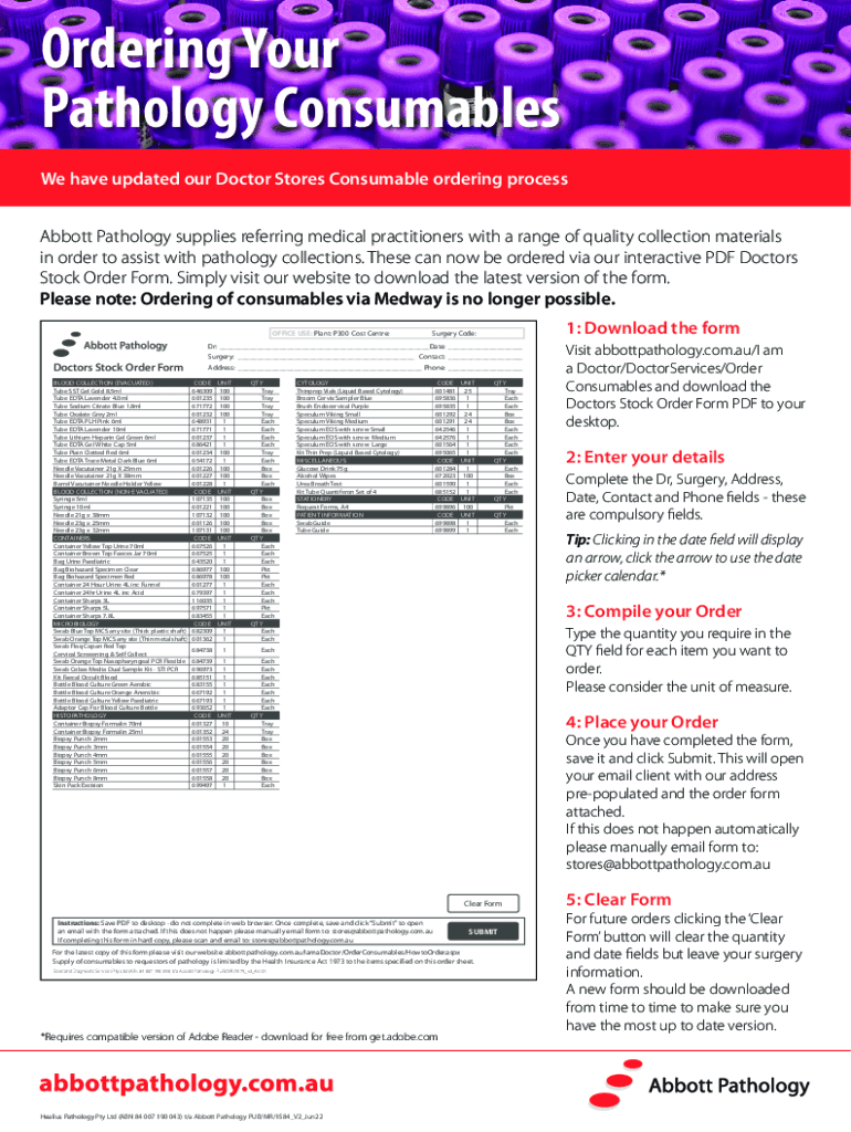 Fillable Online Ordering Your Pathology Consumables Fax Email Print ...