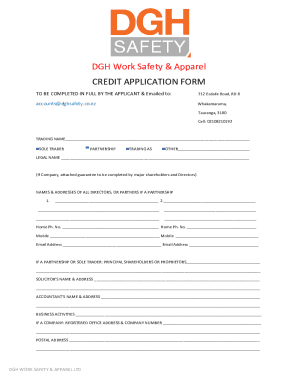 Fillable Online DGH Work Safety & Apparel CREDIT APPLICATION FORM Fax ...