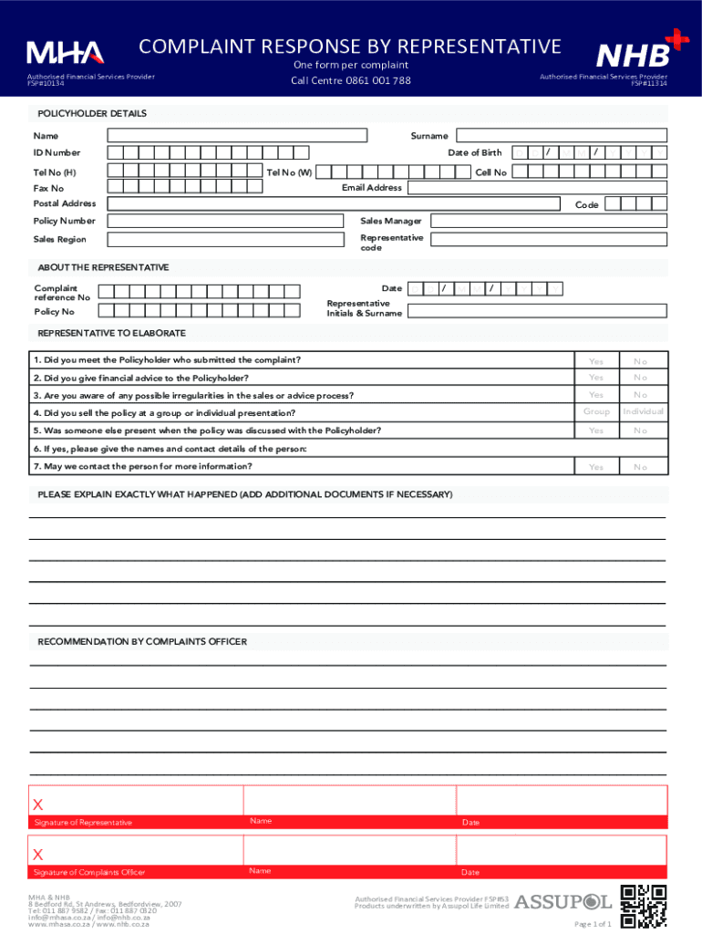 Fillable Online Complaint Response by sales Form Co branded Fax Email ...