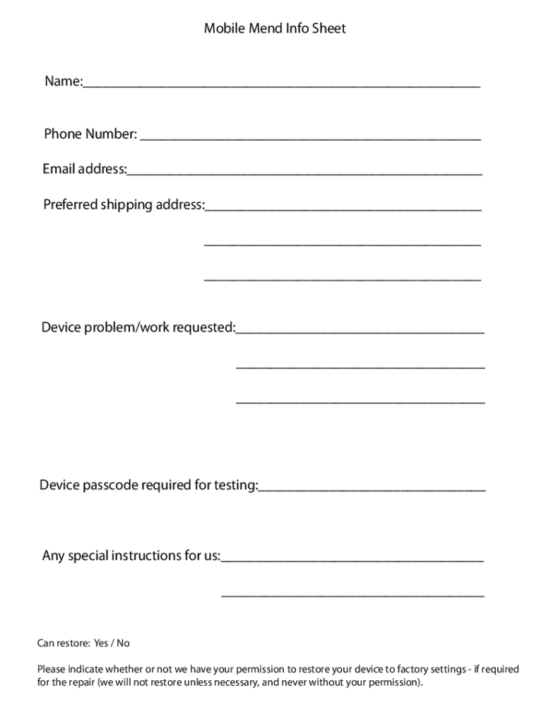 Fillable Online Mobile Mend Info Sheet Fax Email Print - pdfFiller