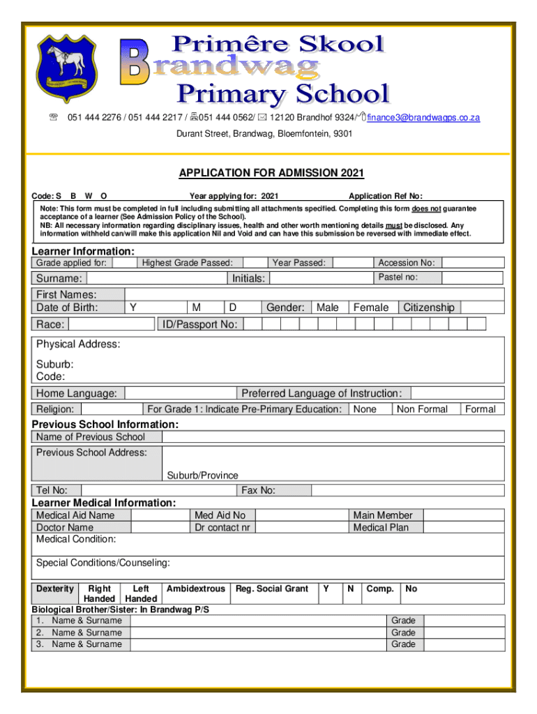 Fillable Online APPLICATION FOR ADMISSION 2021 Learner Information ...