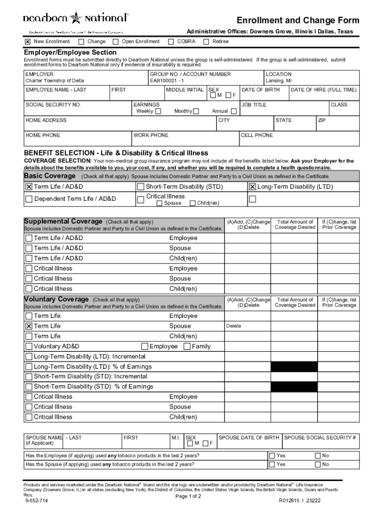 Fillable Online Enrollment and Change Form Dearborn National Life Fax ...