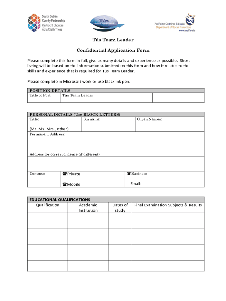 Fillable Online Ts Team Leader Confidential Application Form Fax Email ...
