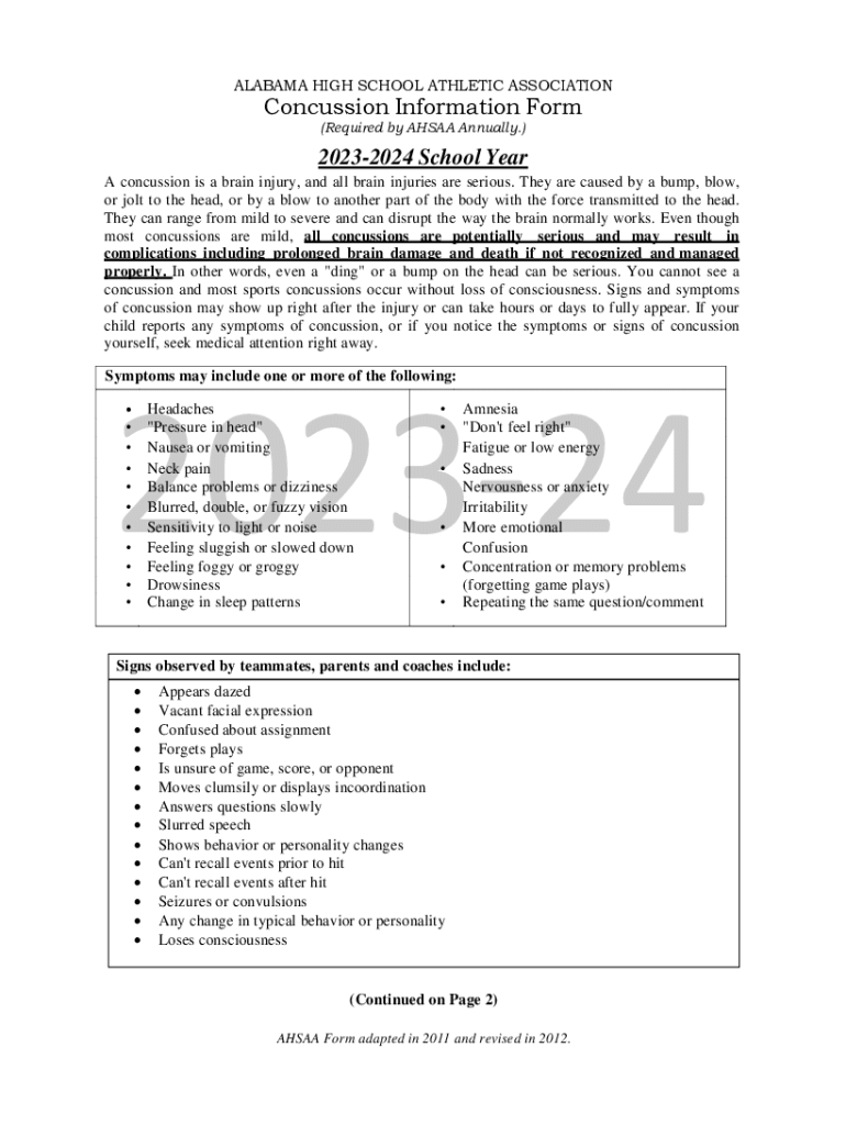 Fillable Online 2020-2023 AL AHSAA Concussion Information Form Fill ...