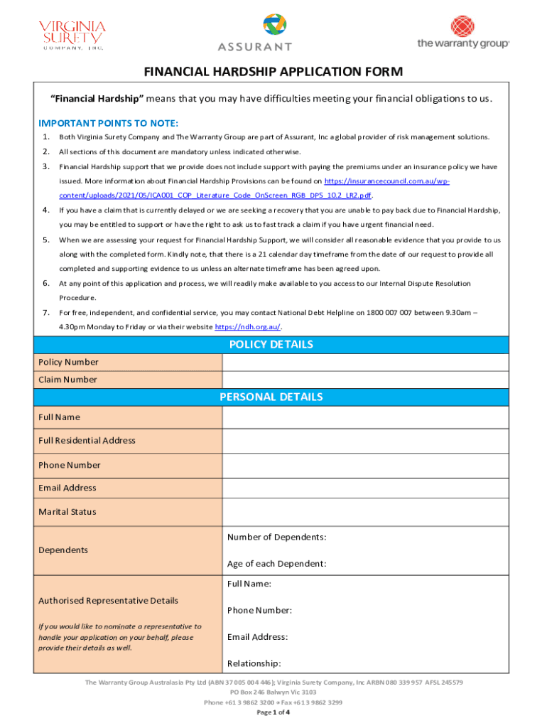 Fillable Online FINANCIAL HARDSHIP APPLICATION FORM Fax Email Print ...