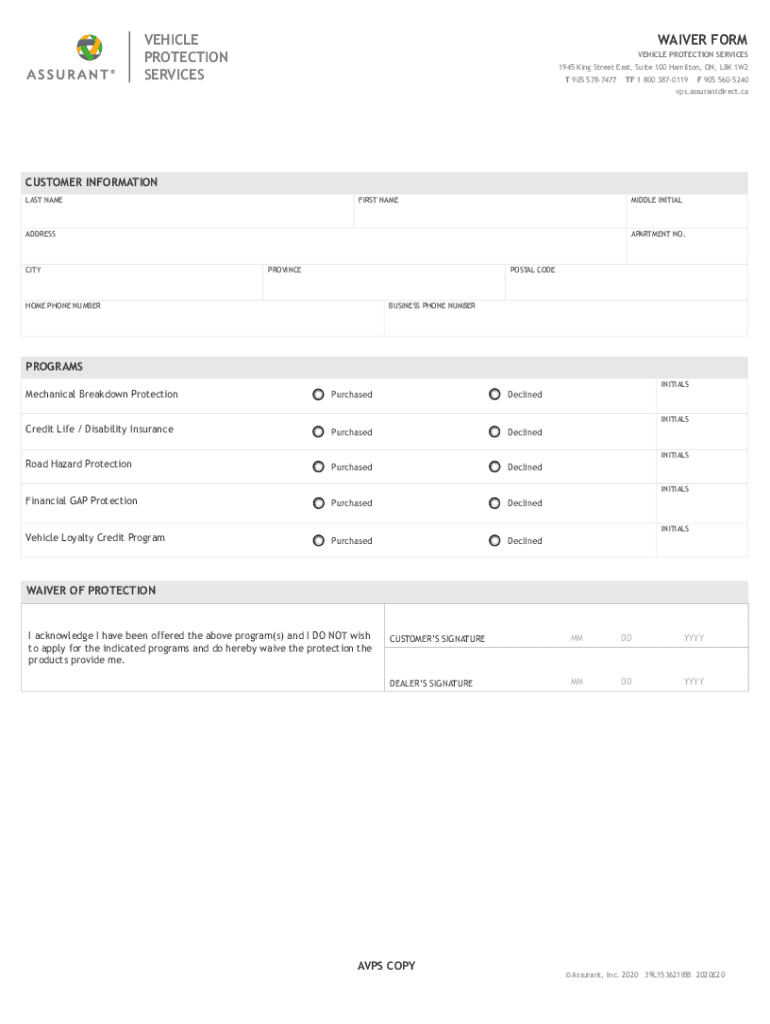 Fillable Online VEHICLE PROTECTION SERVICES WAIVER FORM Fax Email Print ...