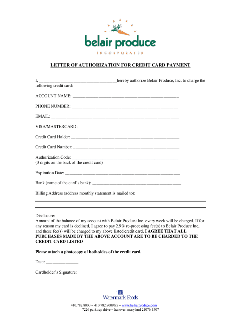 Fillable Online LETTER OF AUTHORIZATION FOR CREDIT CARD PAYMENT Fax ...