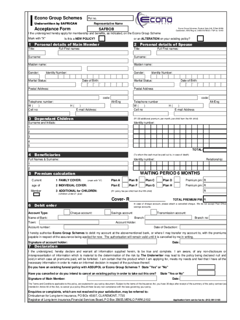 Fillable Online Econo Group Schemes - Acceptance Form Fax Email Print - pdfFiller