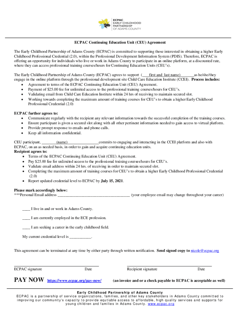 Fillable Online ECPAC Continuing Education Unit (CEU) Agreement Fax ...