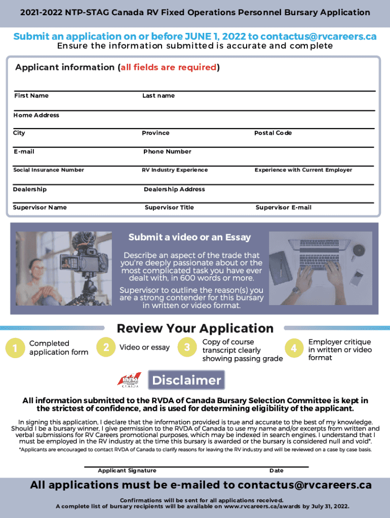 Fillable Online NTP-Stag Canada Bursary Programs Open for RV Personnel ...