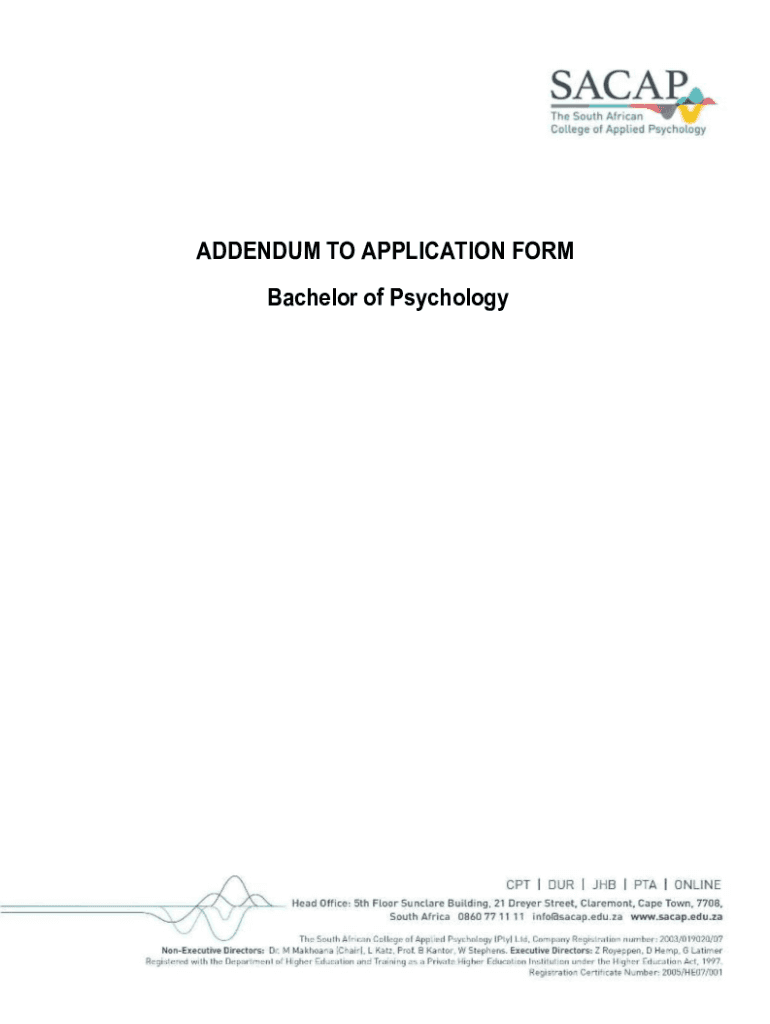 Fillable Online ADDENDUM TO APPLICATION FORM Bachelor of ... Fax Email ...
