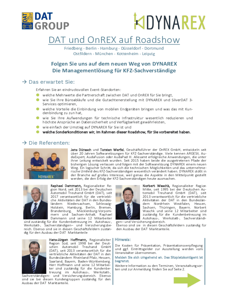 Ausfüllbar Online DAT und OnREX auf Roadshow - dynarex Fax Email ...