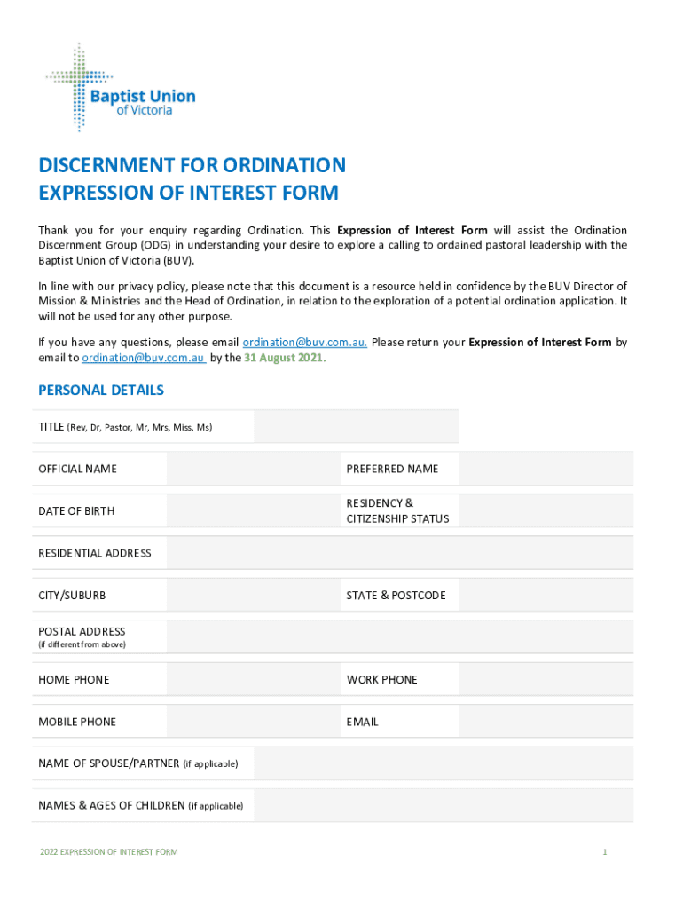 Fillable Online discernment for ordination expression of interest form ...