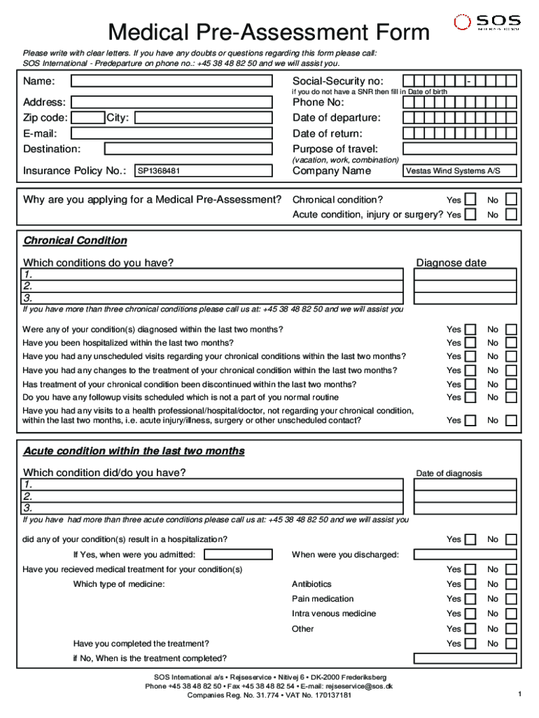 Fillable Online SOS Medical Pre-Assessment FormIf. pre-assessment form ...