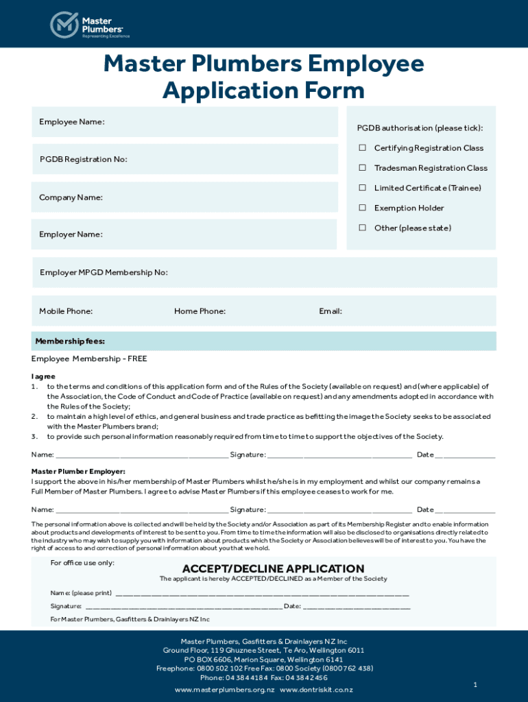 Fillable Online Master Plumbers Employee Application Form Fax Email ...