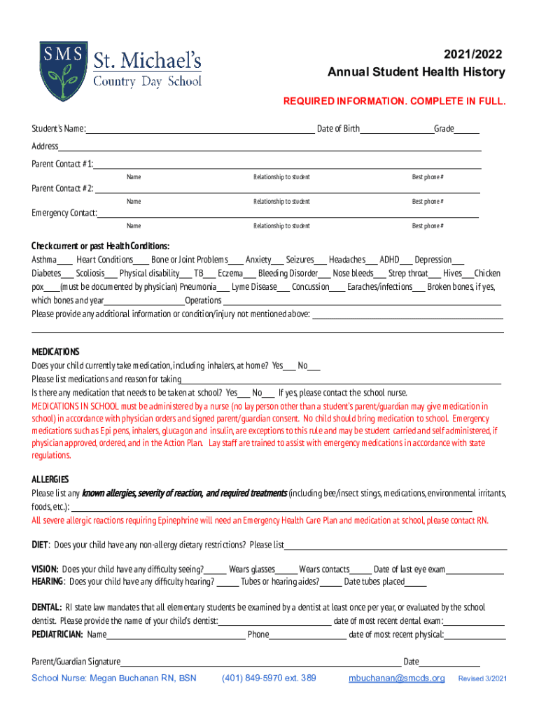 Fillable Online 2021 - 2022 School Year Annual Health Form Fax Email ...