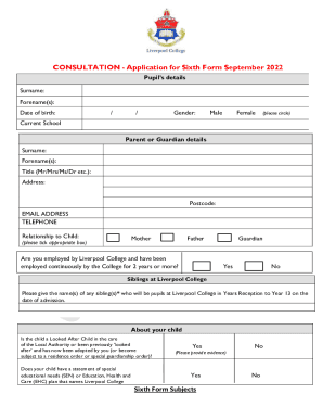 Fillable Online APPLICATION FORM FOR ENTRANCE TO SIXTH FORM Fax Email ...