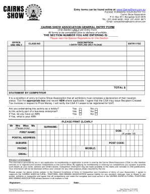 Fillable Online ENTRY FORM PO BOX 811, Bungalow QLD 4870 PH 07 ... Fax ...