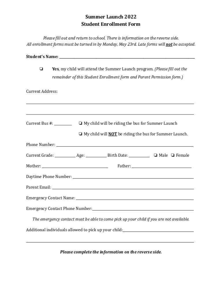 Fillable Online Summer Launch Permission Slip Fax Email Print - pdfFiller