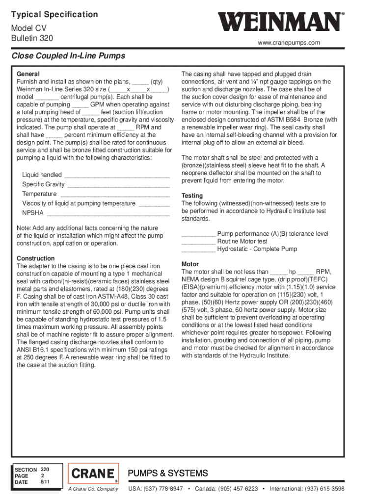 Fillable Online Close Coupled In-Line Pumps SECTION 320 Index Sheet Fax Email Print - pdfFiller