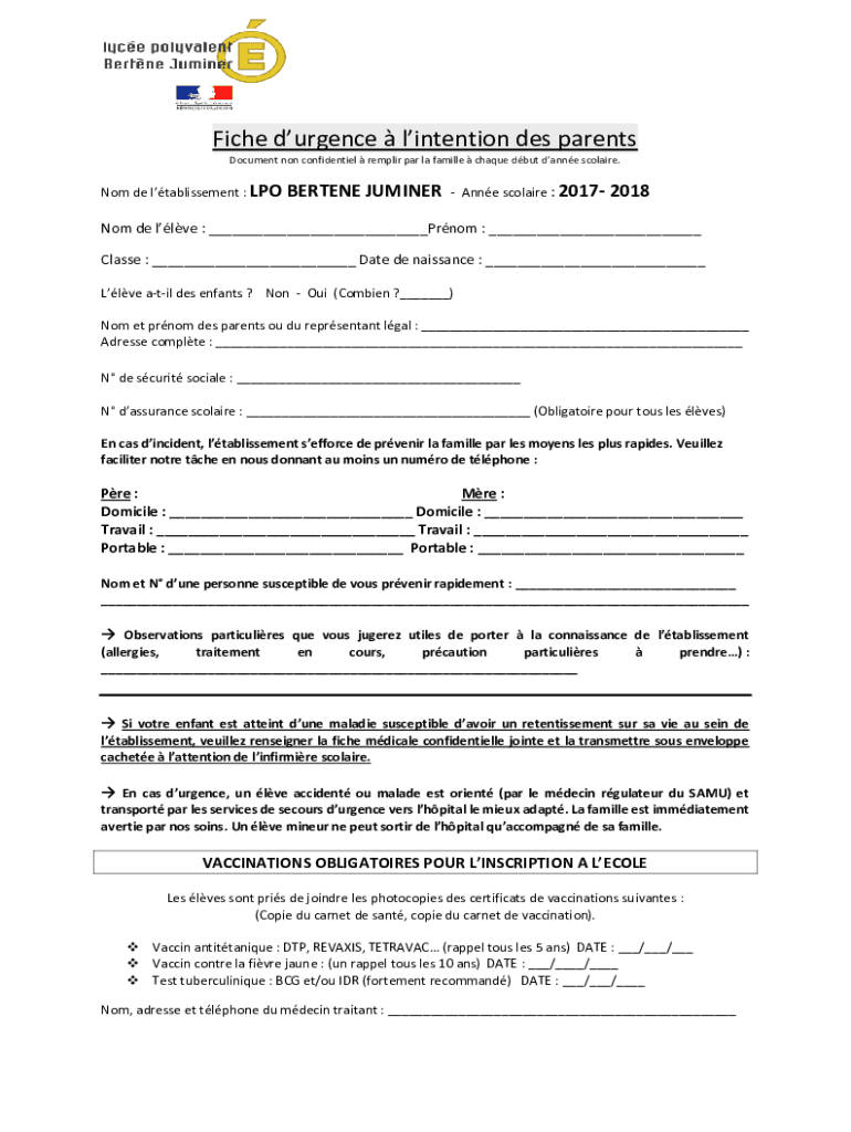Remplissable En Ligne FICHE D'URGENCE A L'INTENTION DES PARENTS Fax ...