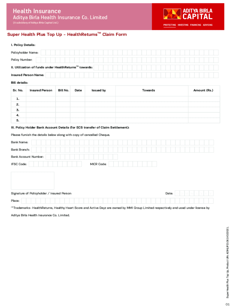 Fillable Online Super Health Plus Top Up - Claim Form Health Returns ...