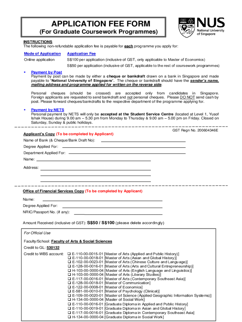 Fillable Online APPLICATION FEE FORM - NUS Arts and Social Sciences Fax ...