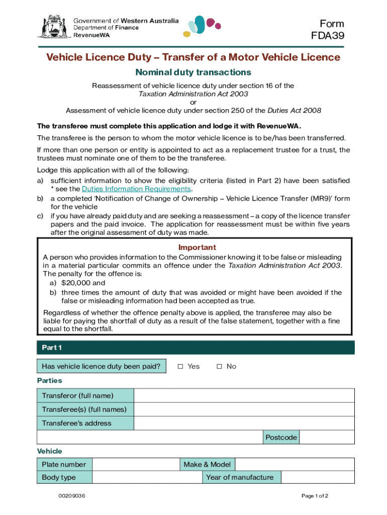 Fillable Online Transfer of a Motor Vehicle Licence - Nominal Duty Fax ...