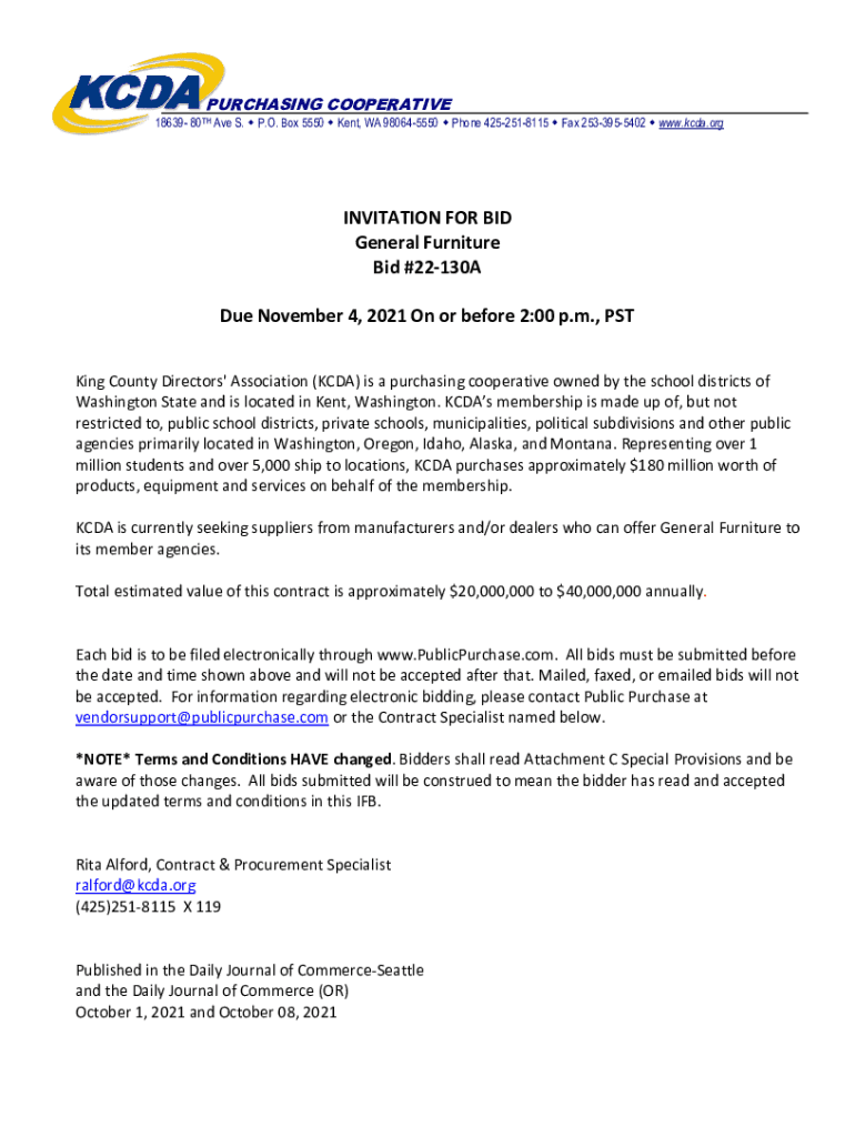 Fillable Online INVITATION FOR BID General Furniture Bid #22-130A Due ...