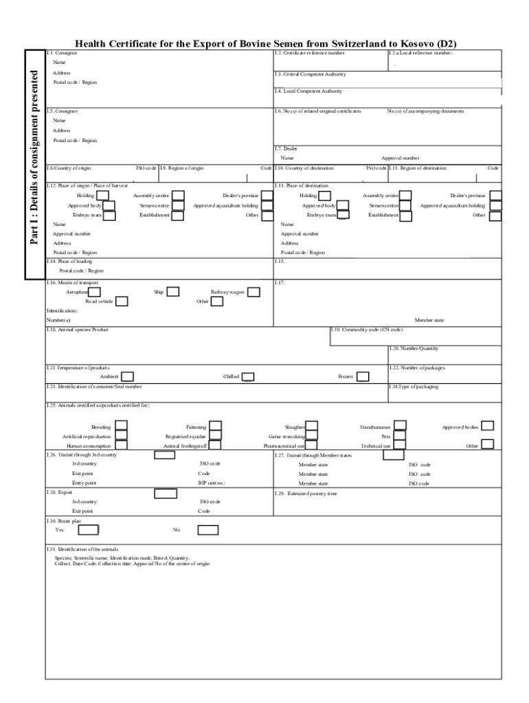 Fillable Online Health certificate for the export of bovine semen from ...