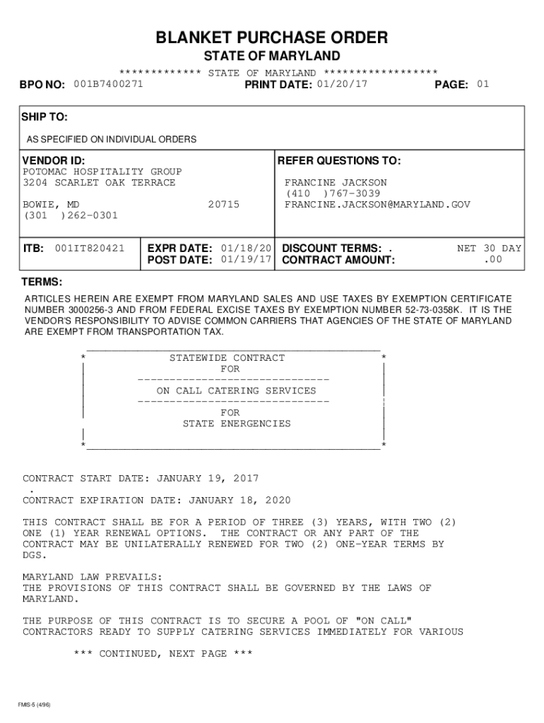 Fillable Online dgs maryland PDF version of FMIS BPO. Blanket Purchase Order number 001B7400271 ...