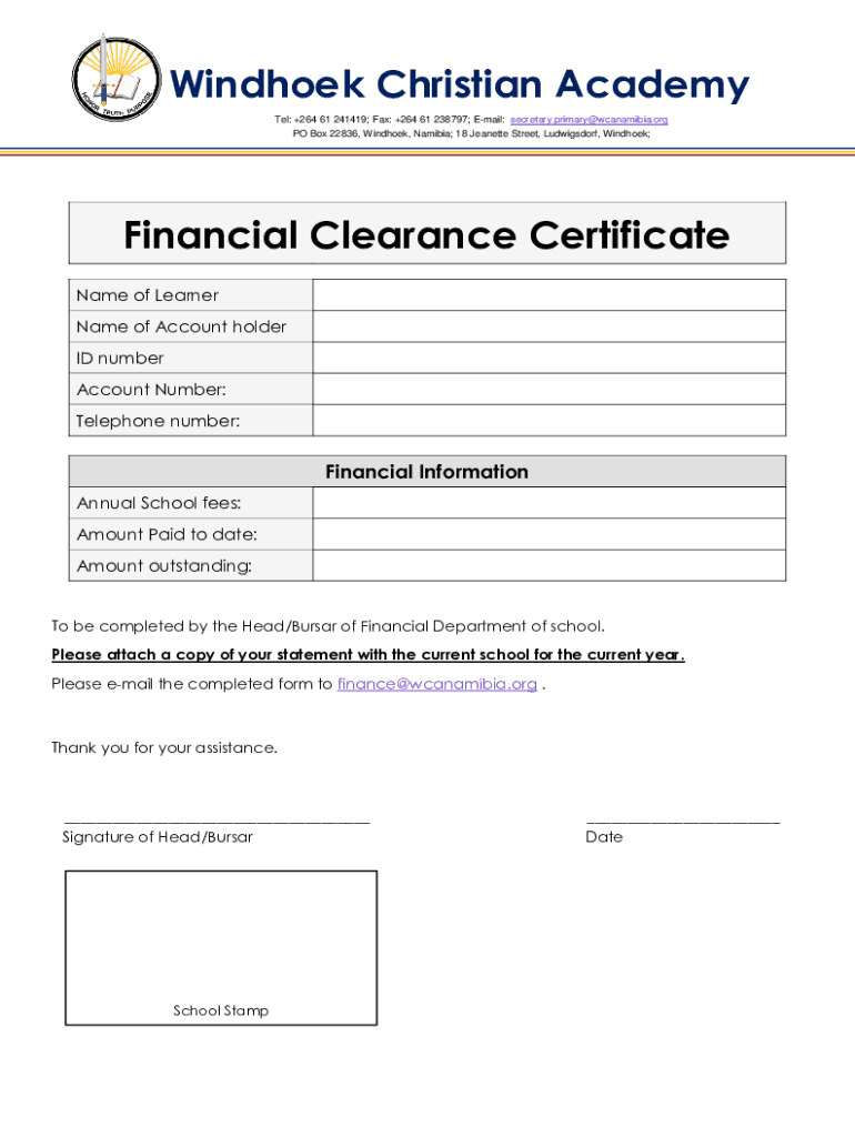 Fillable Online Windhoek Christian Academy Financial Clearance ...