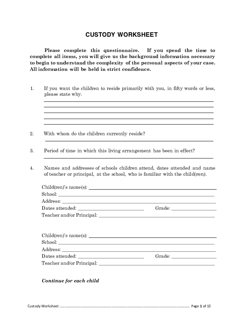 Fillable Online CHILD CUSTODY QUESTIONNAIRE Fax Email Print - pdfFiller